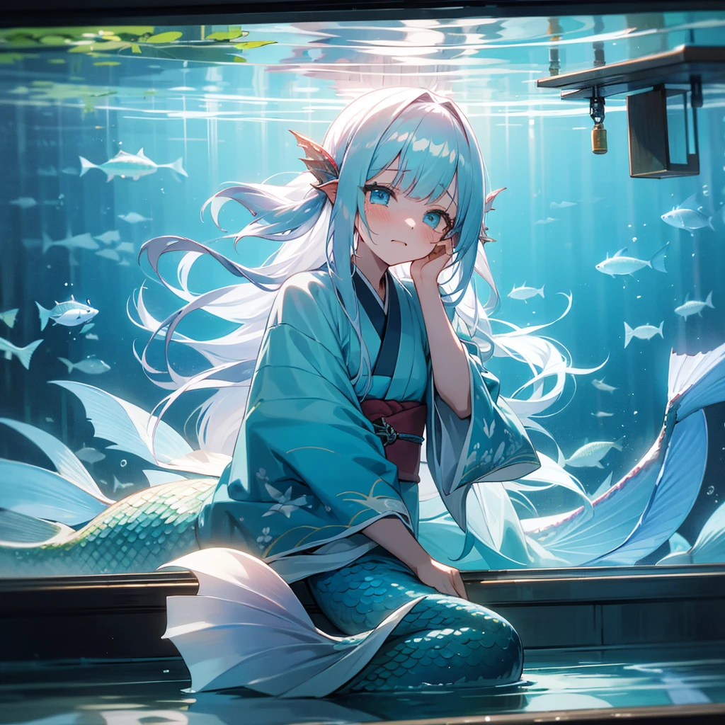 Long white hair,1girl,Mermaid,kimono,handcuffs,trapped in fishtanks ...