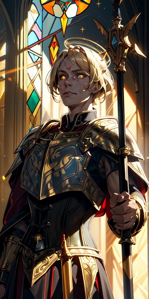 Upper body of lord paladin in ornate golden armor, black collar - SeaArt AI