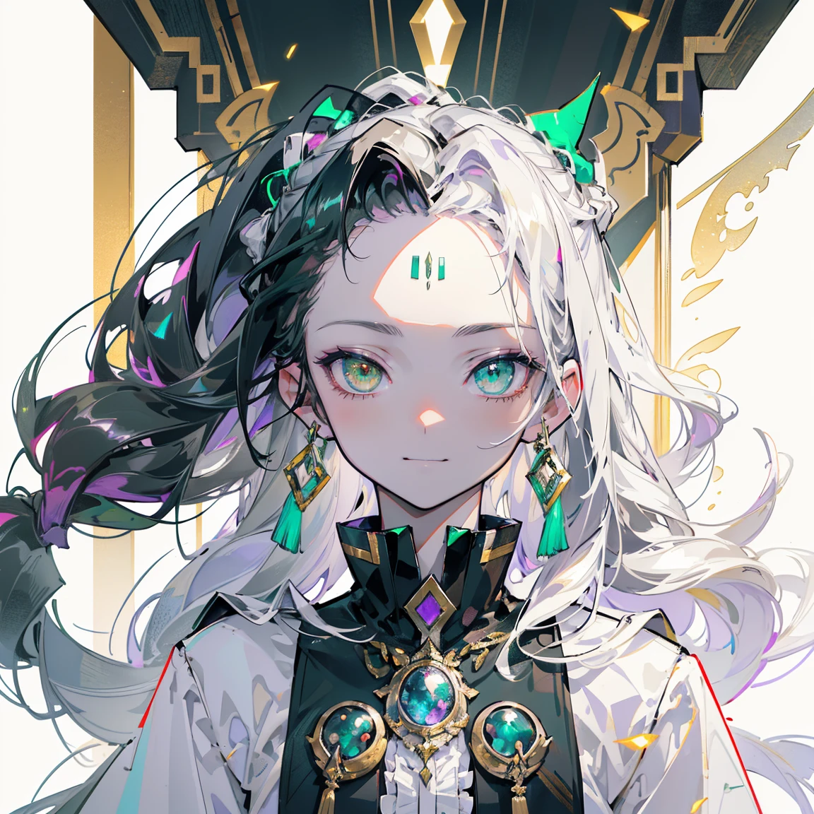 Cheerful boy aristocrat open forehead. dark green hair braided in a ...