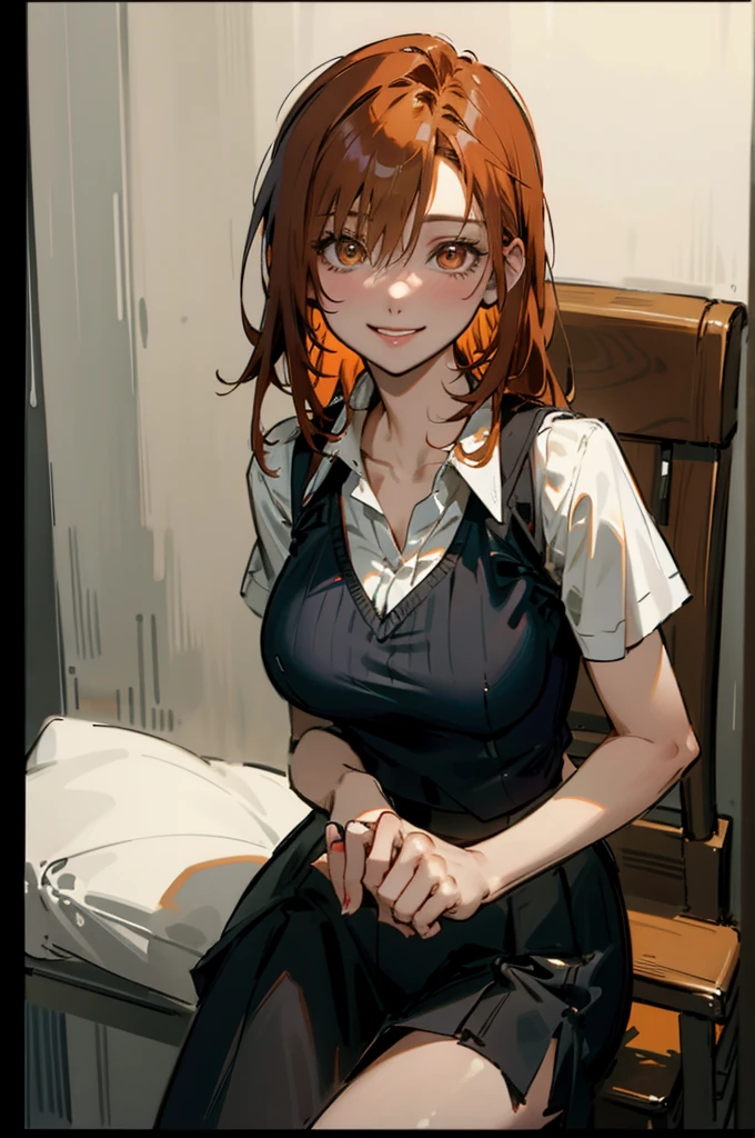 Makima in chainsaw man, orange hair, sitting on a chair, bright smiling ...
