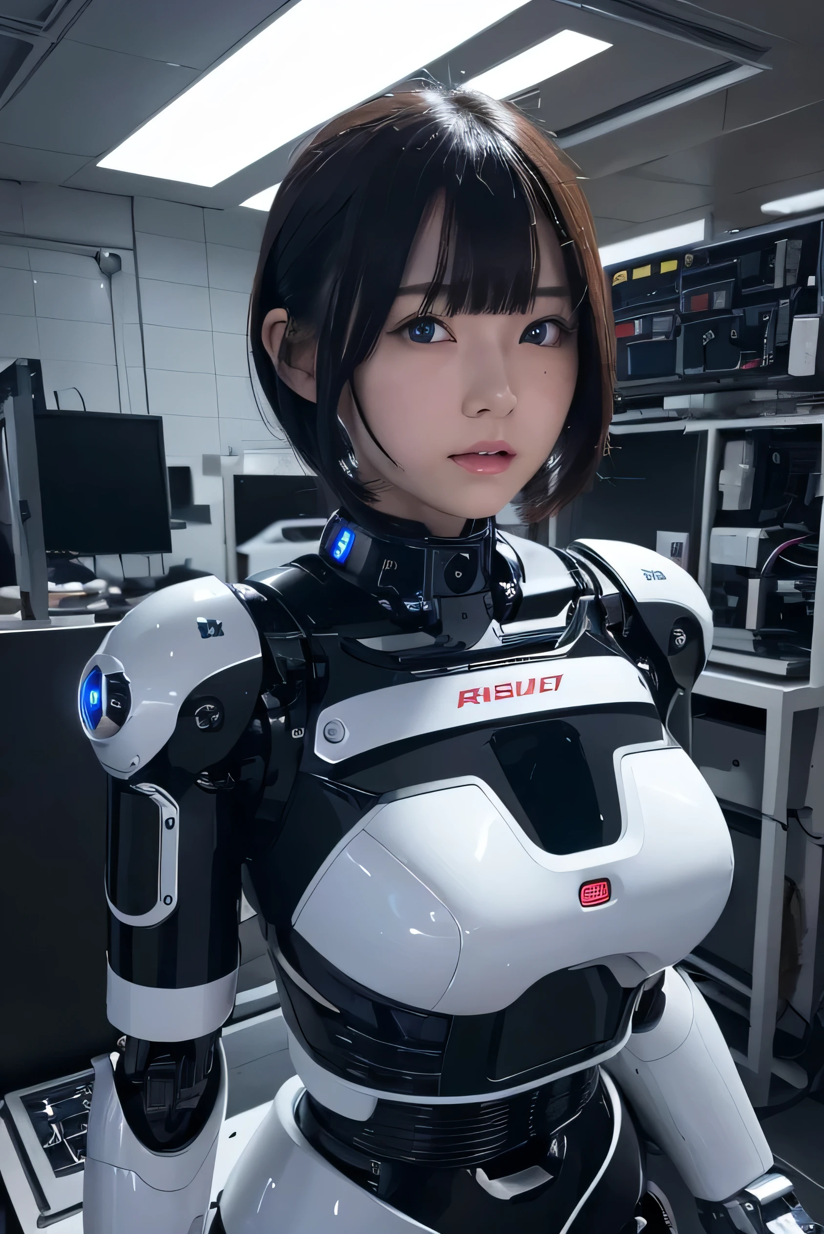 A close up of a woman in a robot suit posing for a picture - SeaArt AI