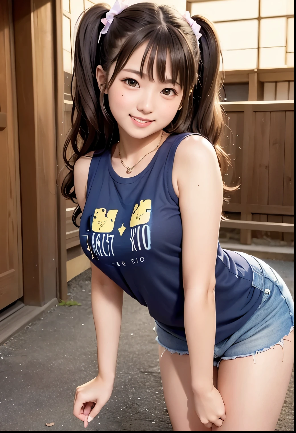 Arafed asian woman in a blue shirt and denim shorts posing for a picture - SeaArt AI