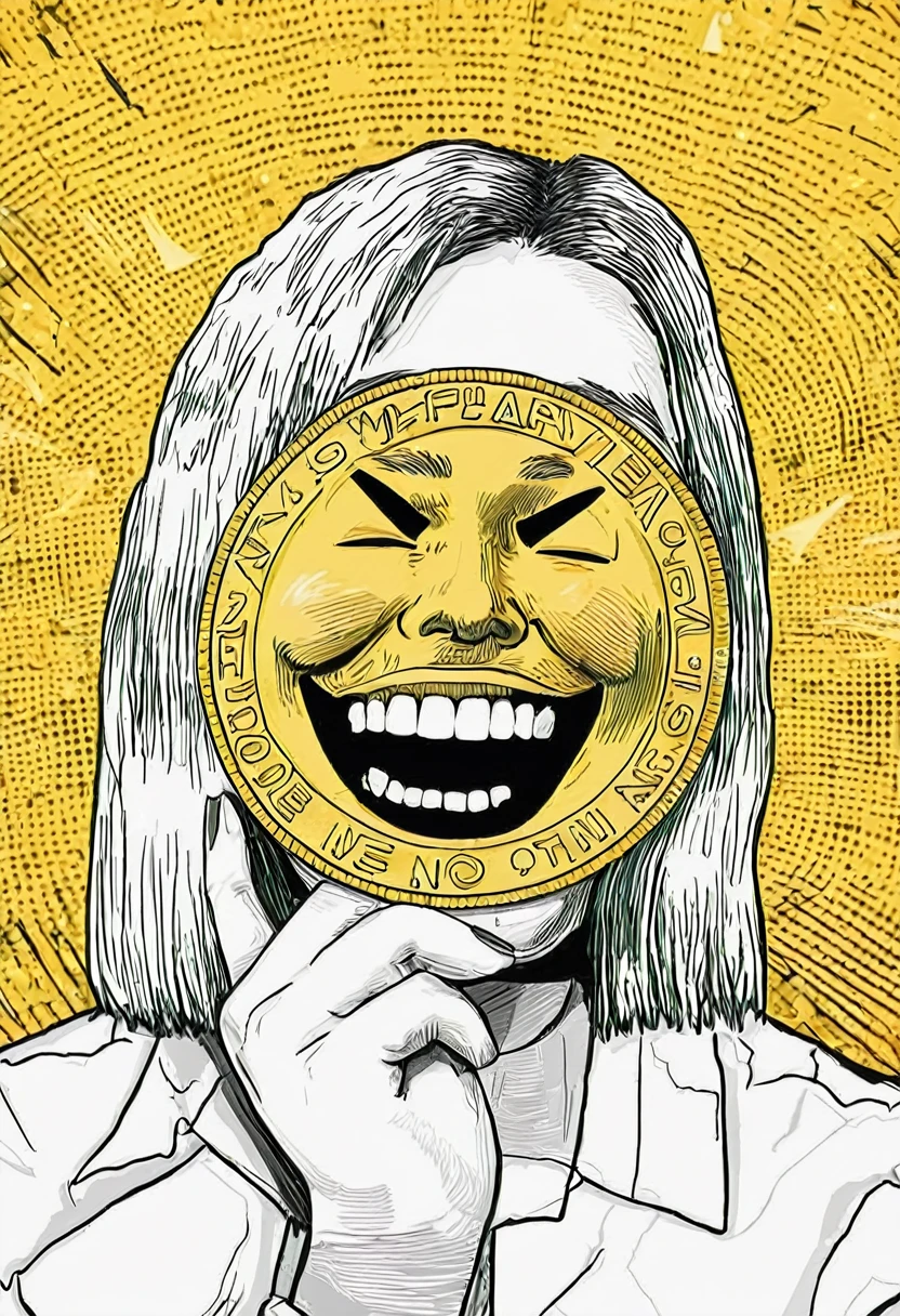 Low quality、Pop Art、（One coin）、The coin has a mouth、Teeth are visible ...