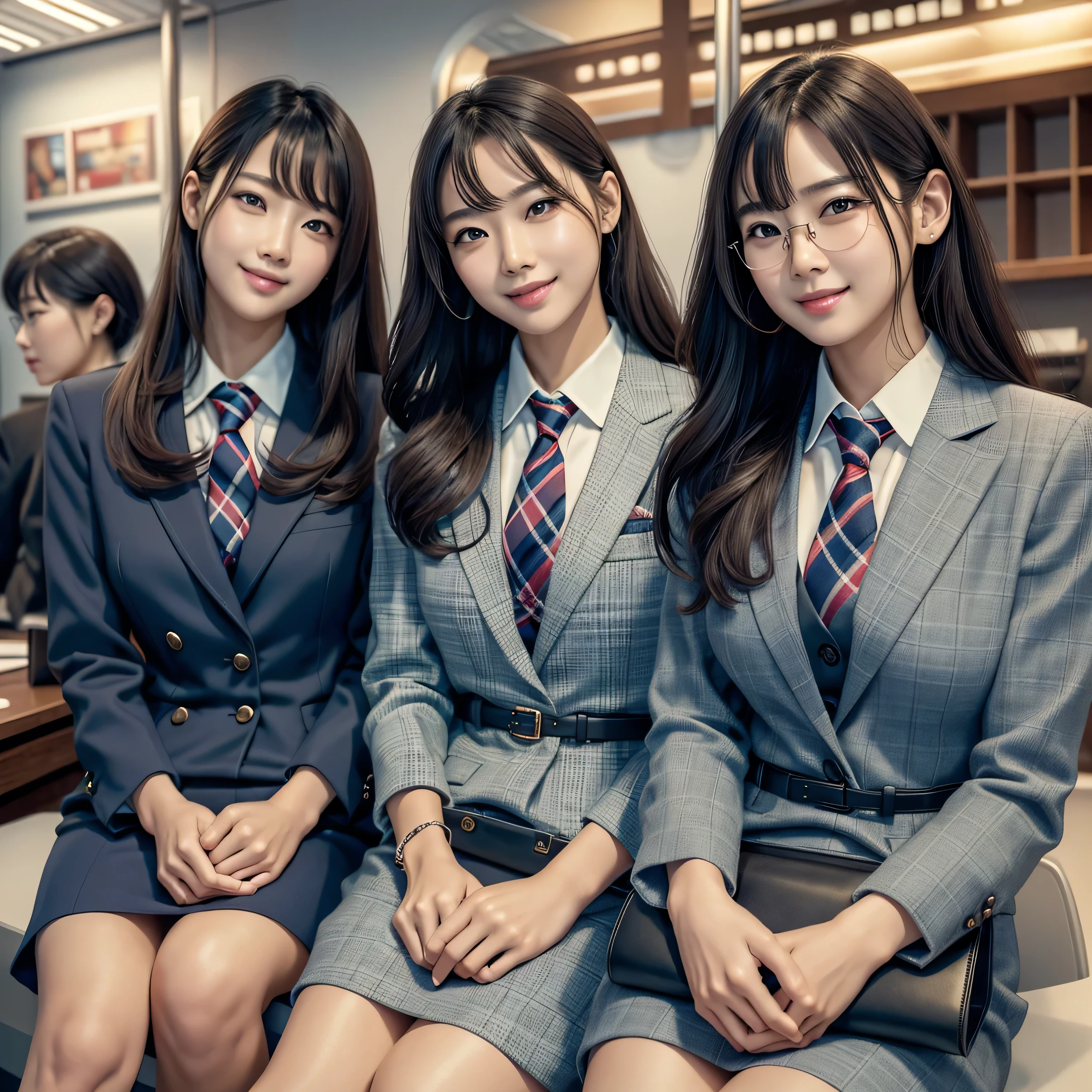 Three asian women in business attire sitting on a bench - SeaArt AI