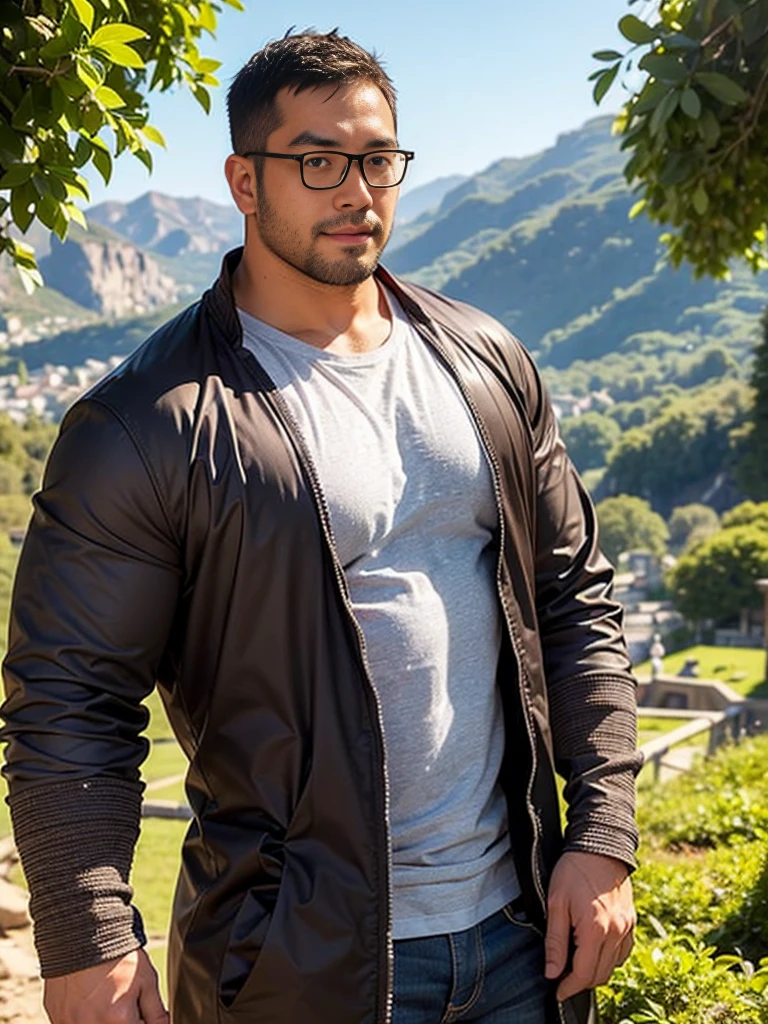 Crew cut, (((full body))), (((landscape))), mature man, [slightly fat ...