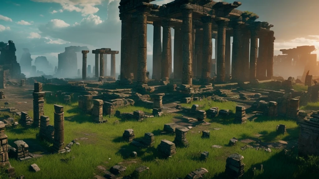 Shadows of a desolate land with a root disease spreading, with ancient ...