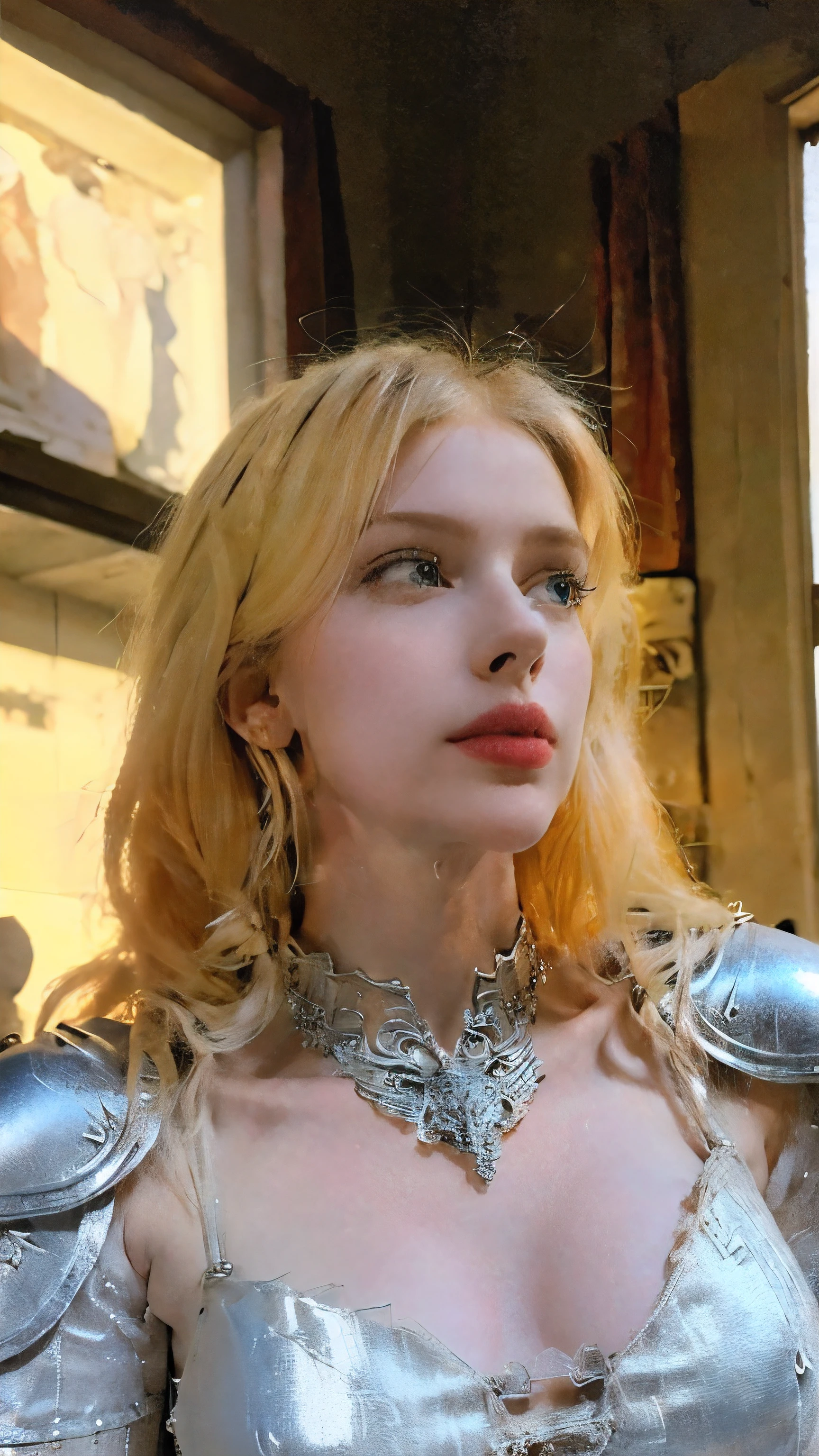 A close up of a woman in a silver dress with armor on - SeaArt AI