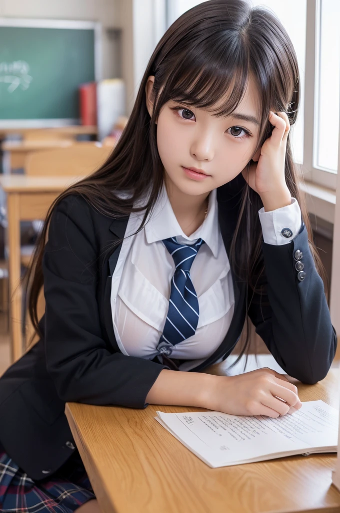 (A photo of a super cute Korean schoolgirl resting her chin on her hands and wor - SeaArt AI