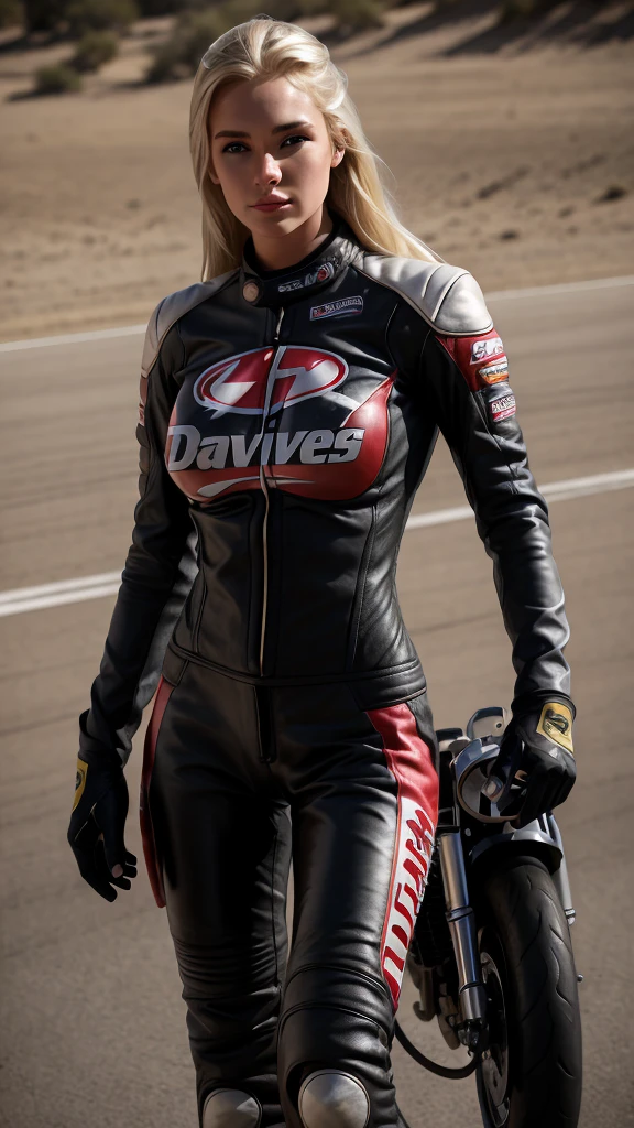 Beautiful blonde, 25 year old, American woman, motorcycle racing outfit ...