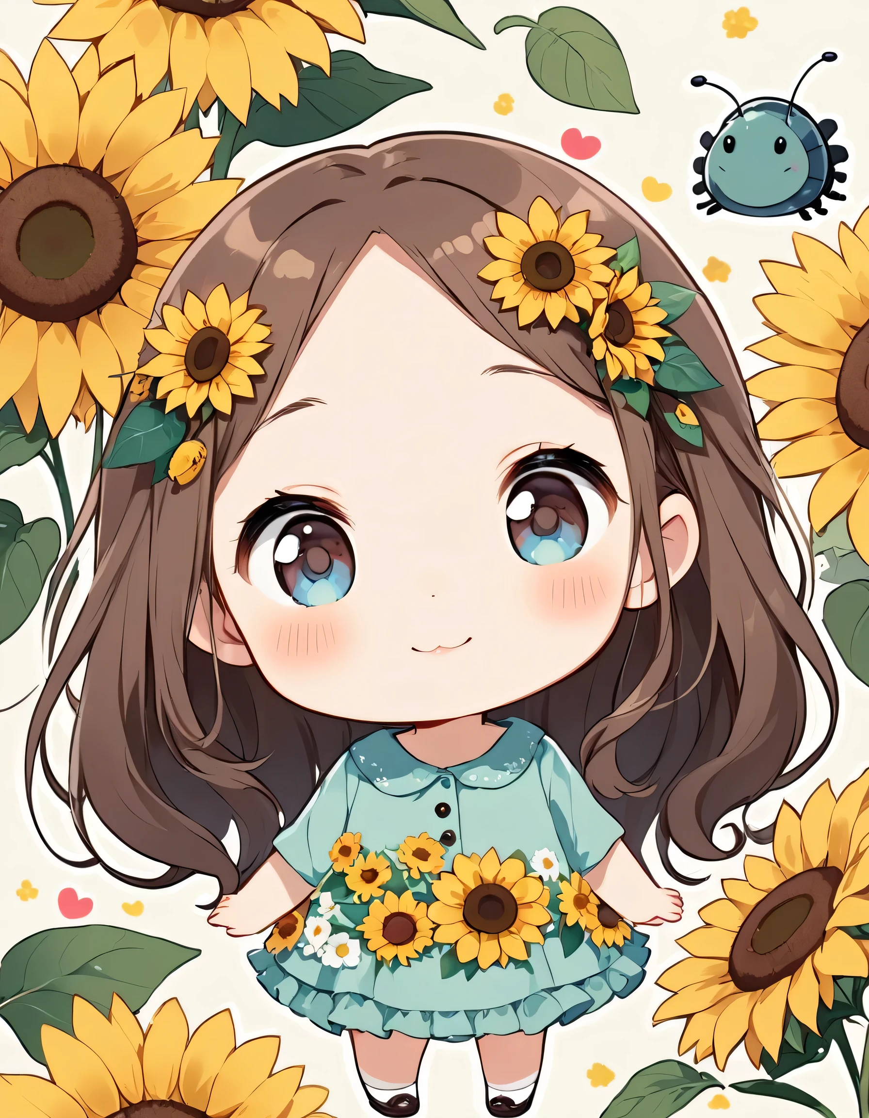 A girl with sunflowers in her hair standing in front of a field of ...