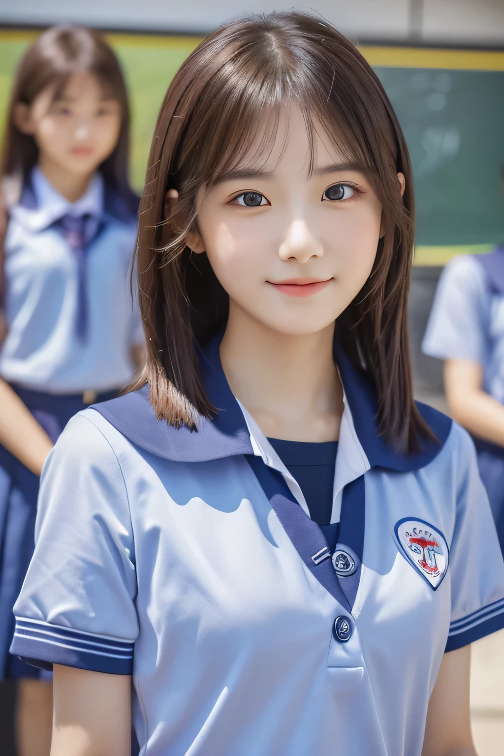 A close up of a person in a uniform with a group of girls - SeaArt AI