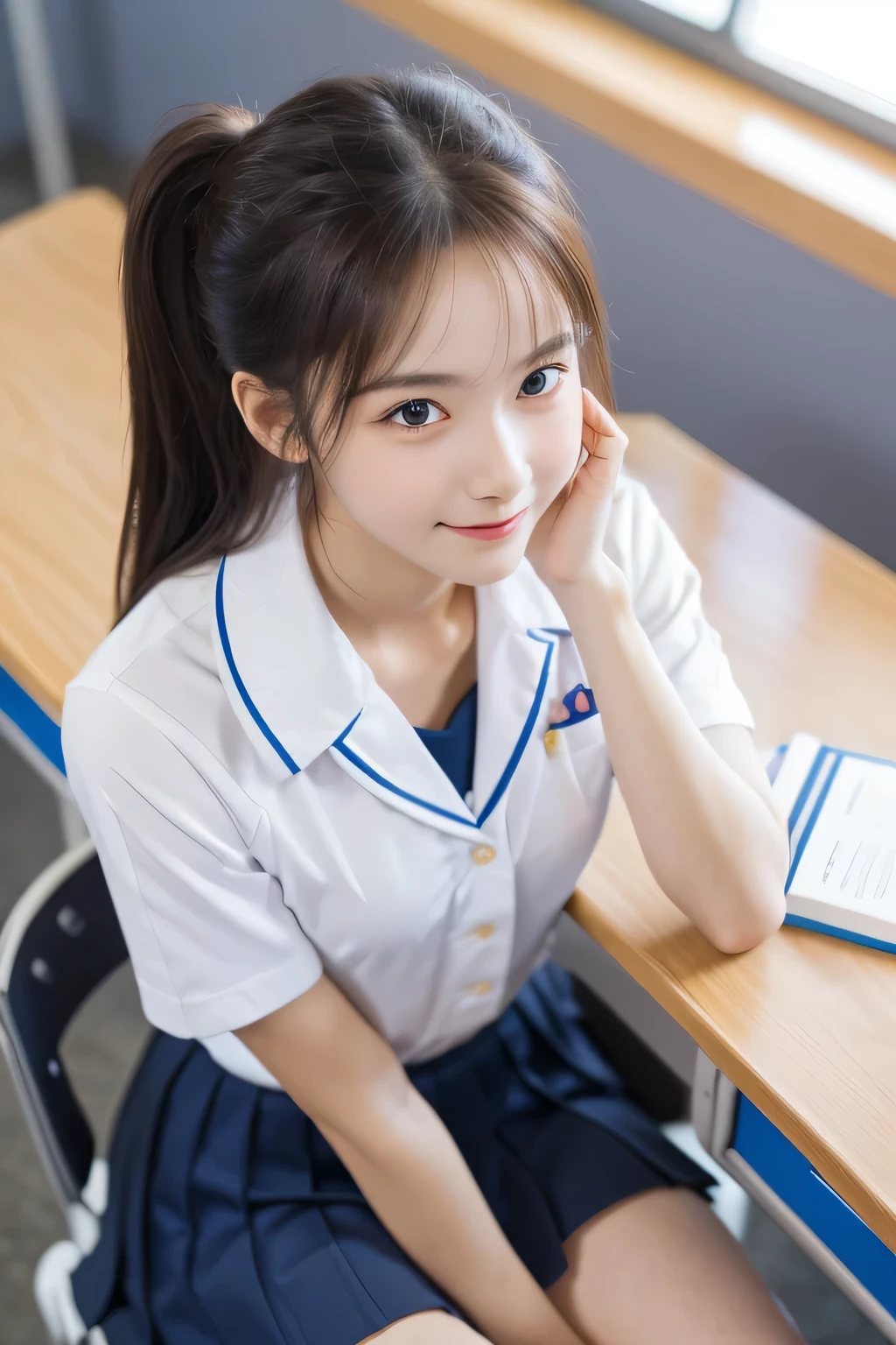 A close up of a young woman sitting at a desk with a book - SeaArt AI