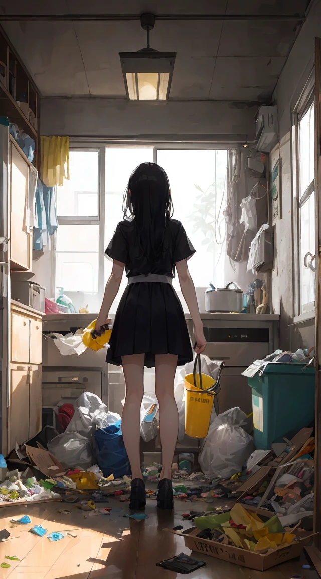 This illustration is、Cute standing in a room full of garbage - SeaArt AI