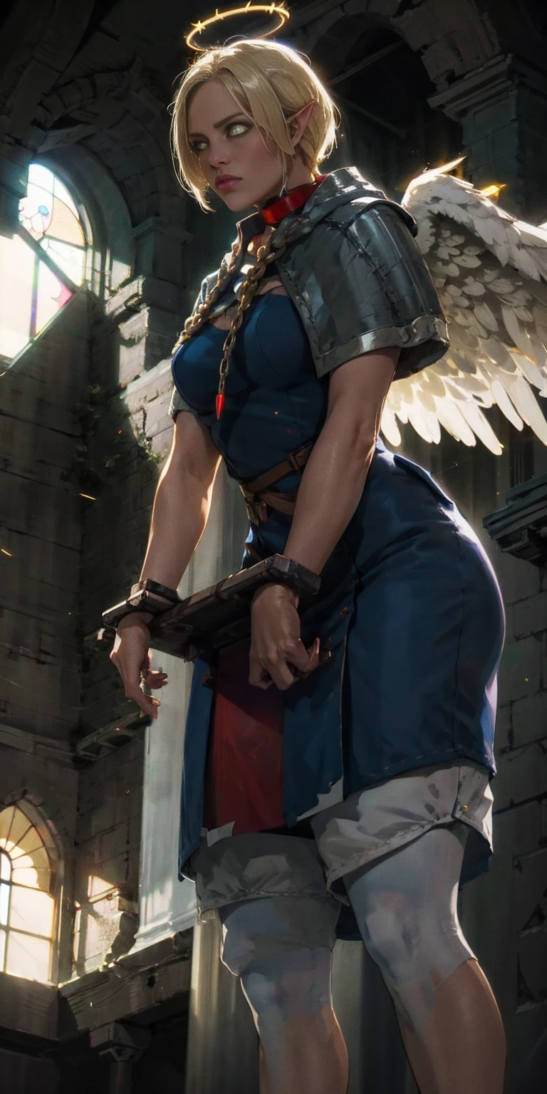 Low angle, from below, paladin templar lady in white tabard, legwear - SeaArt AI