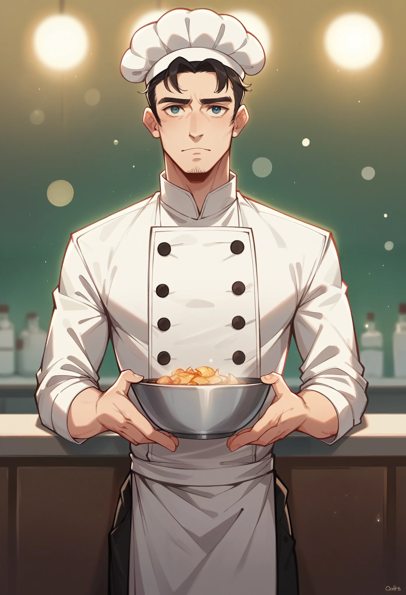 Anime chef holding a bowl of food in front of a counter - SeaArt AI