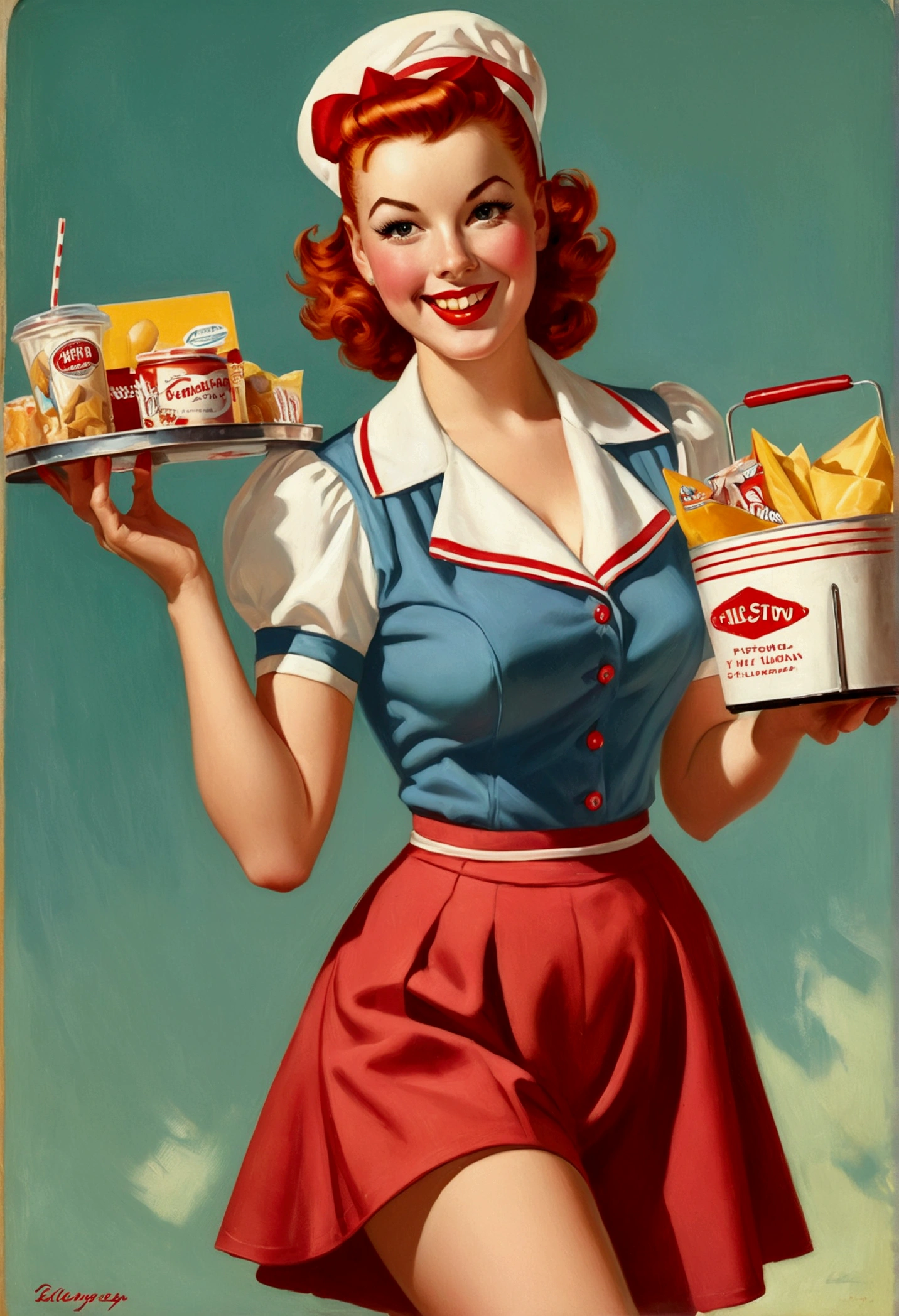 50s waitress, redheadwear, pinup, cinched waist , shorts, rollerskates ...