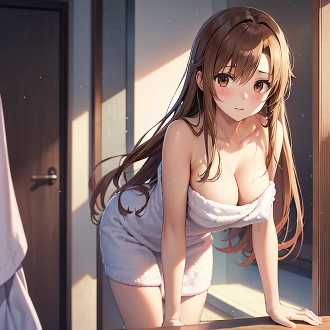 Yuuki asuna,brown eyes,solo,changing room,leaning forward,looking away - SeaArt AI