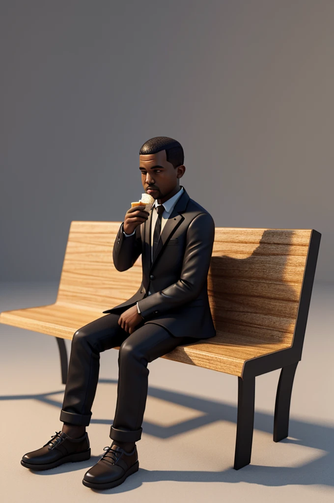 Mini kanye west, in a suit, sitting on a bench, eating ice cream ...