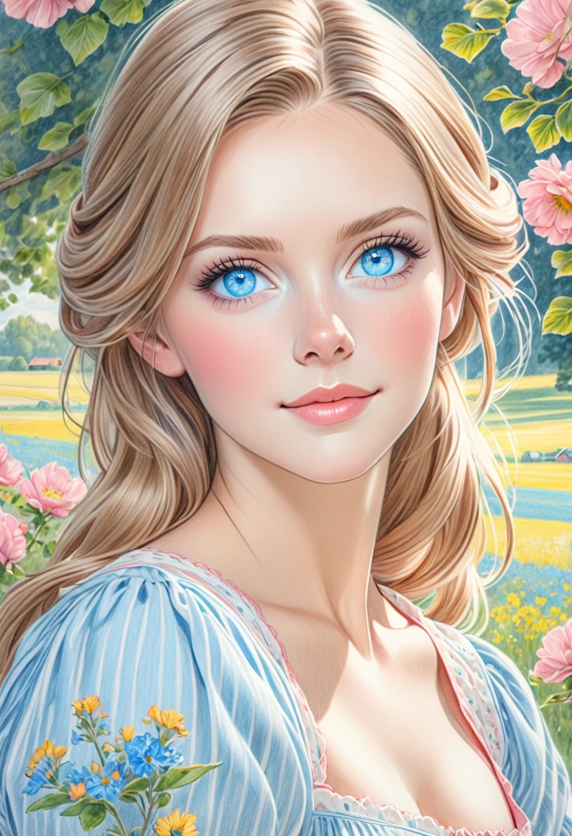 A colored pencil sketch of a beautiful swedish farm wife. crystal blue ...