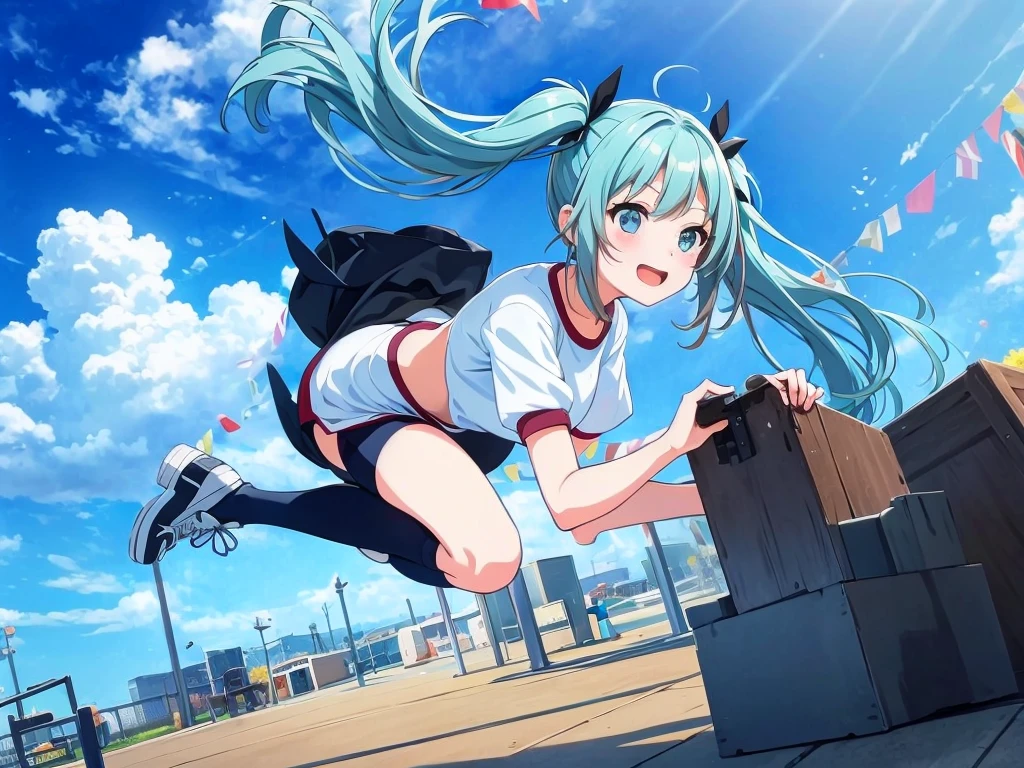 A beautiful girl with long light blue hair and twin tails, wearing gym ...