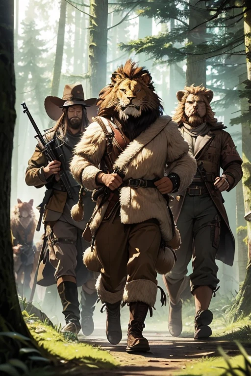 In the forest。A group of armed beastmen。At the front is a lion - SeaArt AI