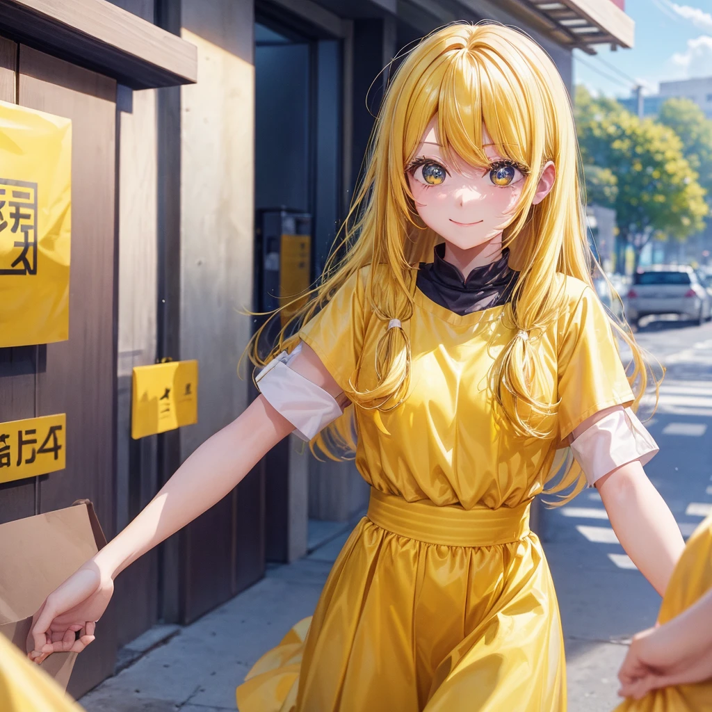 A clumsy, yellow-haired girl wearing yellow clothes。Looking at the camera and sm - SeaArt AI