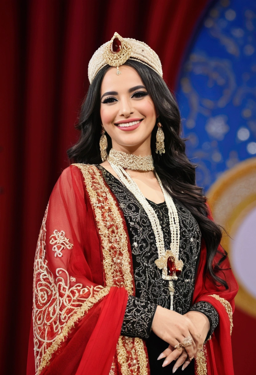 Bahraini beauty Evelyn Khalifa smiles on stage in traditional costume ...