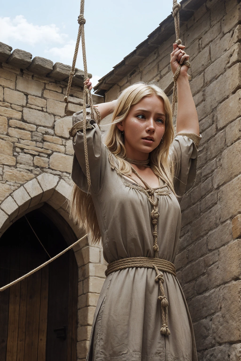 An average blonde woman, 20 years old, in an medieval scene, hanging of ...