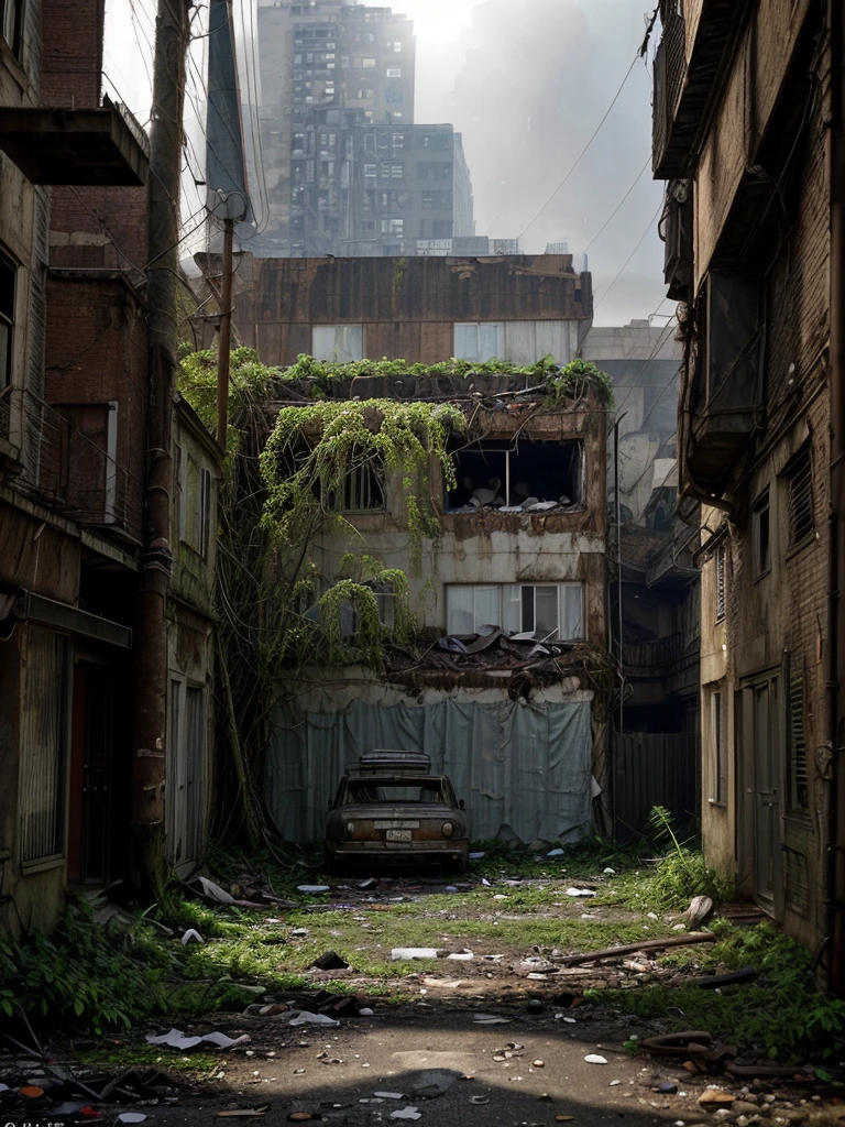 The photograph shows an apocalyptic street view of a financial center ...