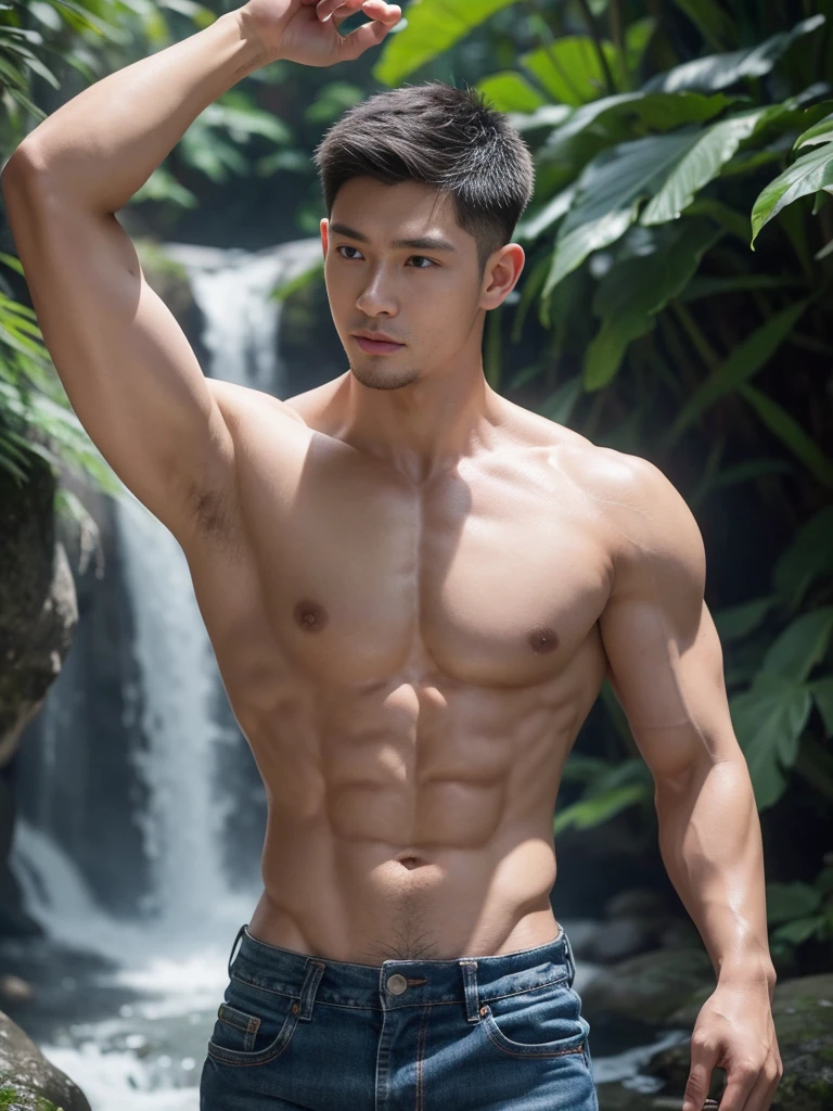 Vietnamese muscle man, Detailed undercut, shirtless , quiet, Jeans ...