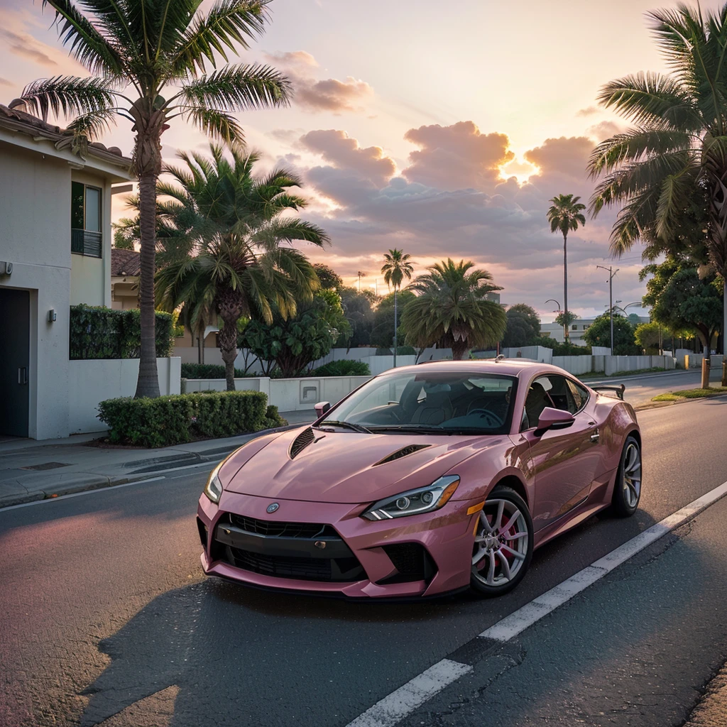 Image showcases a sleek, pink sports car with its scissor doors open ...