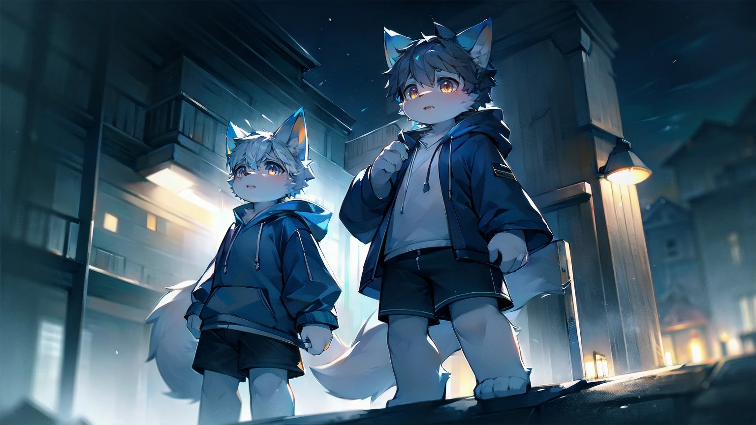 1 cute wolf, detailed fur, navy blue fluffy furcoat, white ears - SeaArt AI