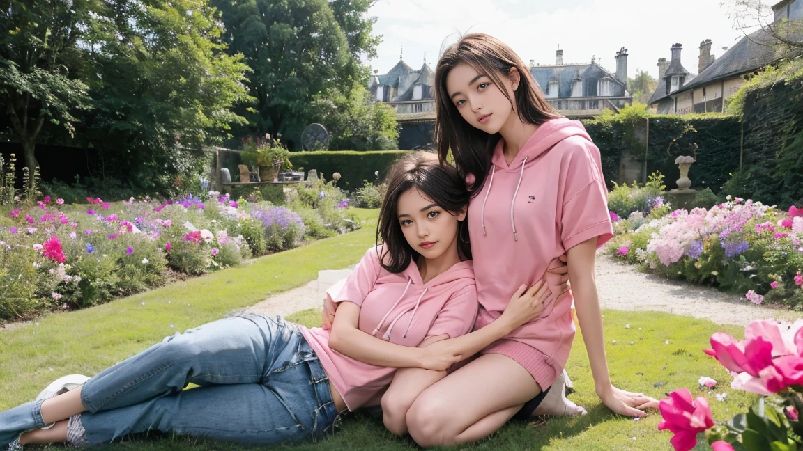 Deux femmes ensemble de 18 ans sexy et mince , pink short sleeve hoodie ...