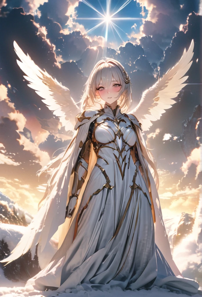 An angel in white robe and armor, There are three pairs of snow - SeaArt AI