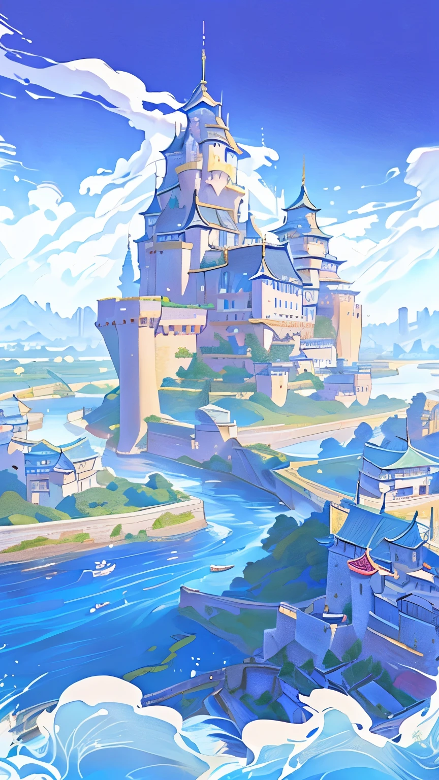 Anime castle on a cliff overlooking a river and a city - SeaArt AI
