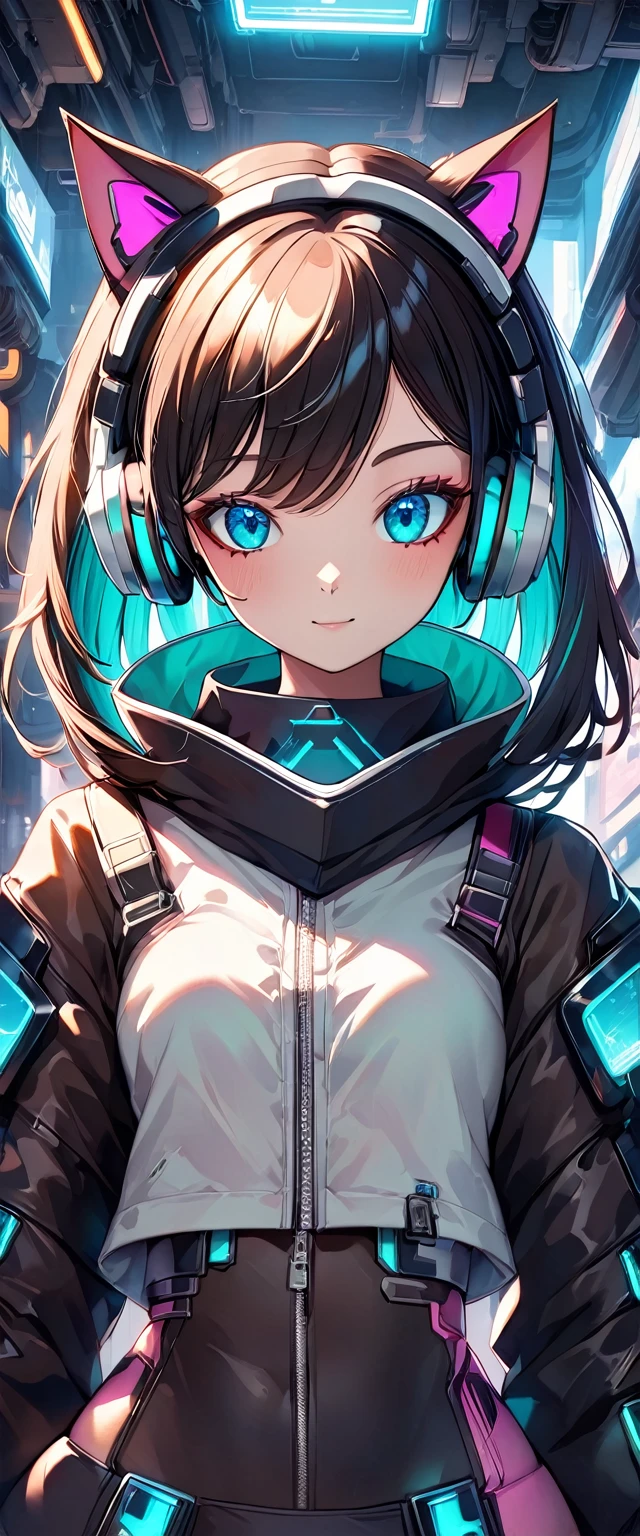 Anime girl in futuristic outfit with cat ears and headphones - SeaArt AI