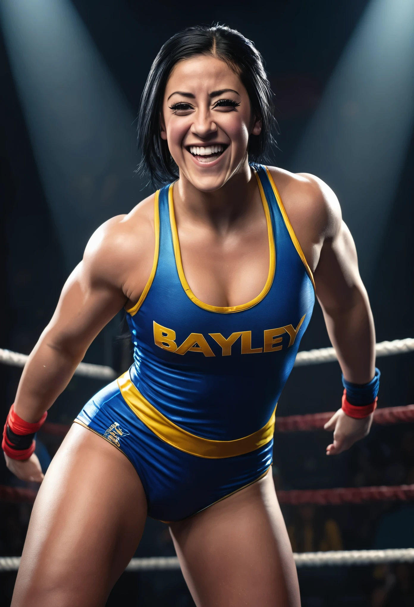 A woman in a wrestling outfit is smiling and posing for a picture - SeaArt AI