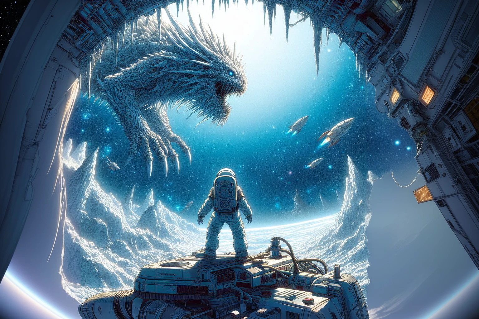 An astronaut facing a dangerous creature in space inside his ship in ...