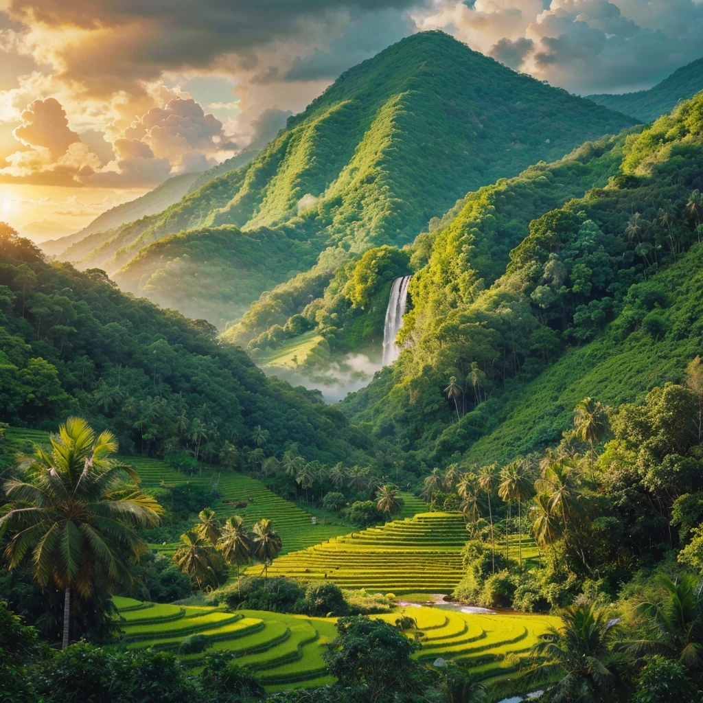 Lush, green mountain landscape. The mountain is covered in a thick ...
