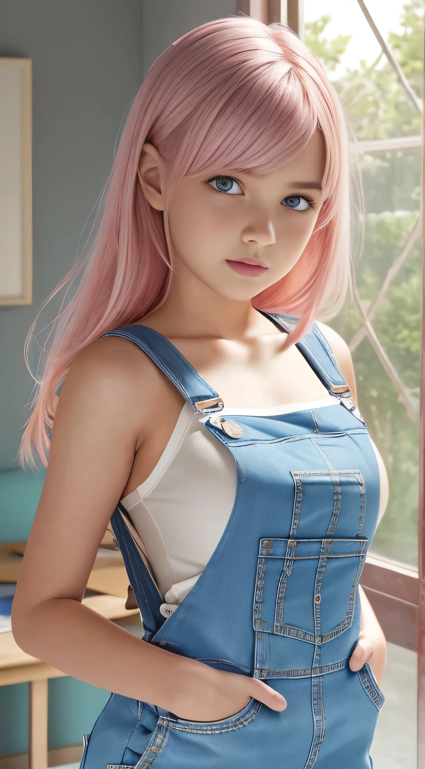 A close up of a person with pink hair wearing a blue dress - SeaArt AI
