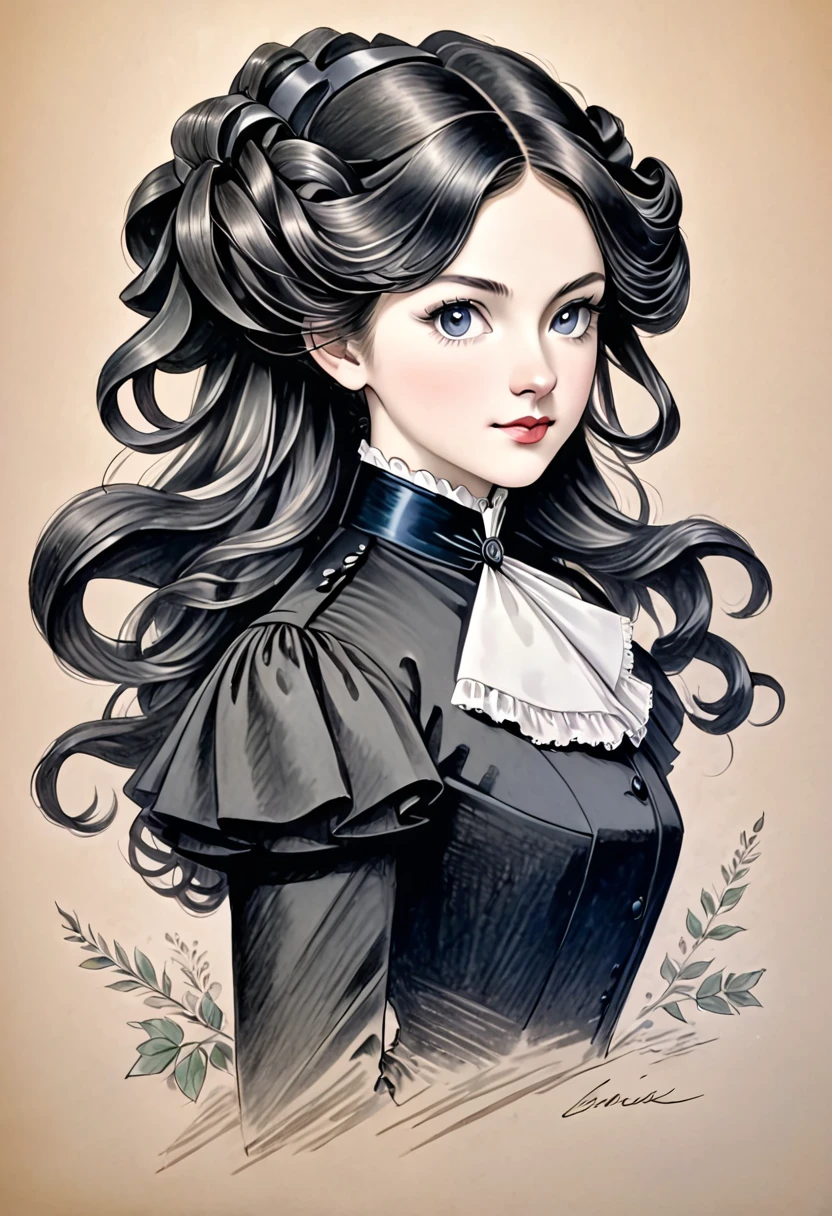 A pencil drawing of a young victorian governess, curly black hair ...