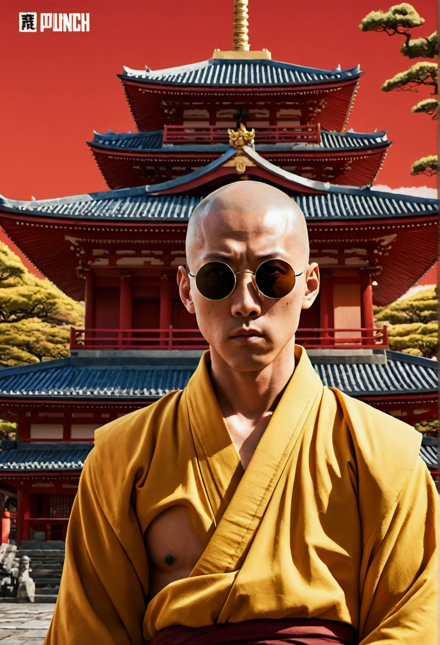 Japanese monk、Small、Round sunglasses、Fight evil、Hero of Justice - SeaArt AI