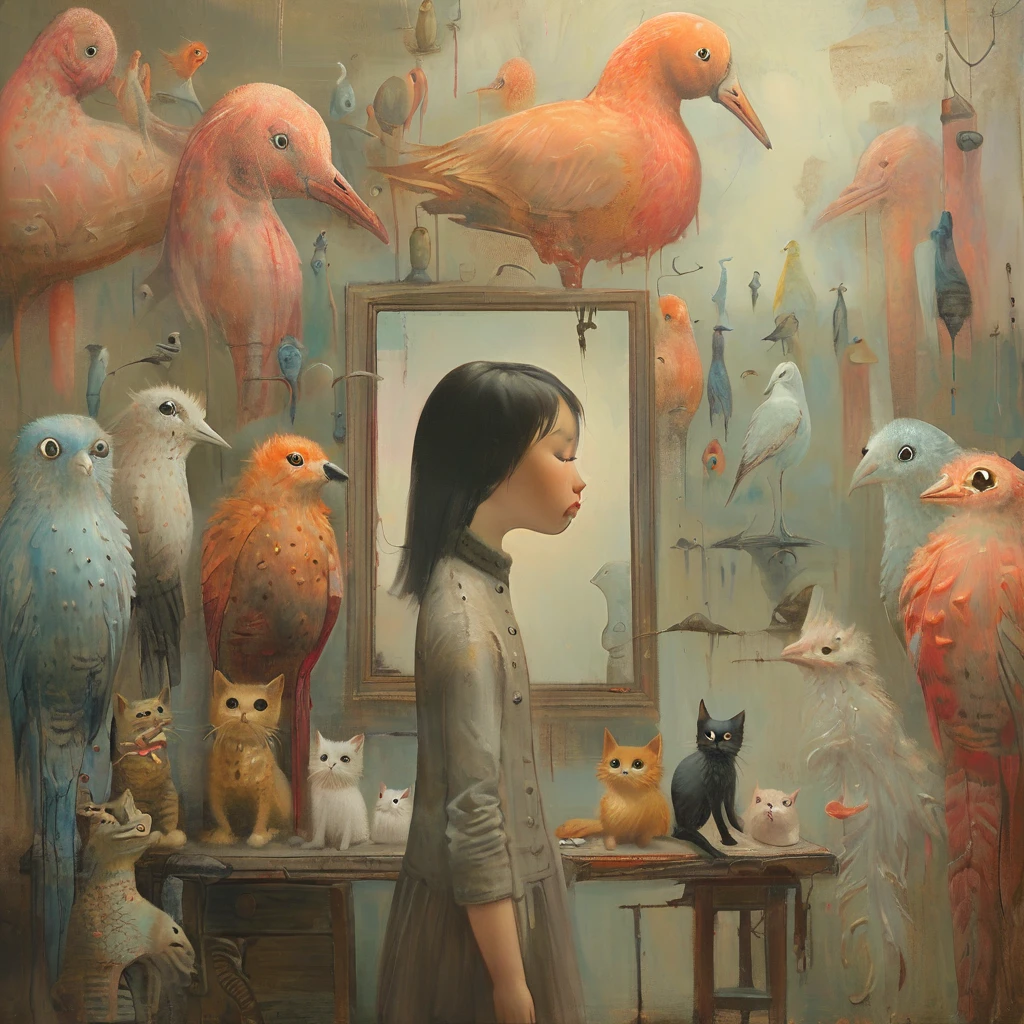 A young woman and her cats, seahorses, robins, flamingos. realistic ...