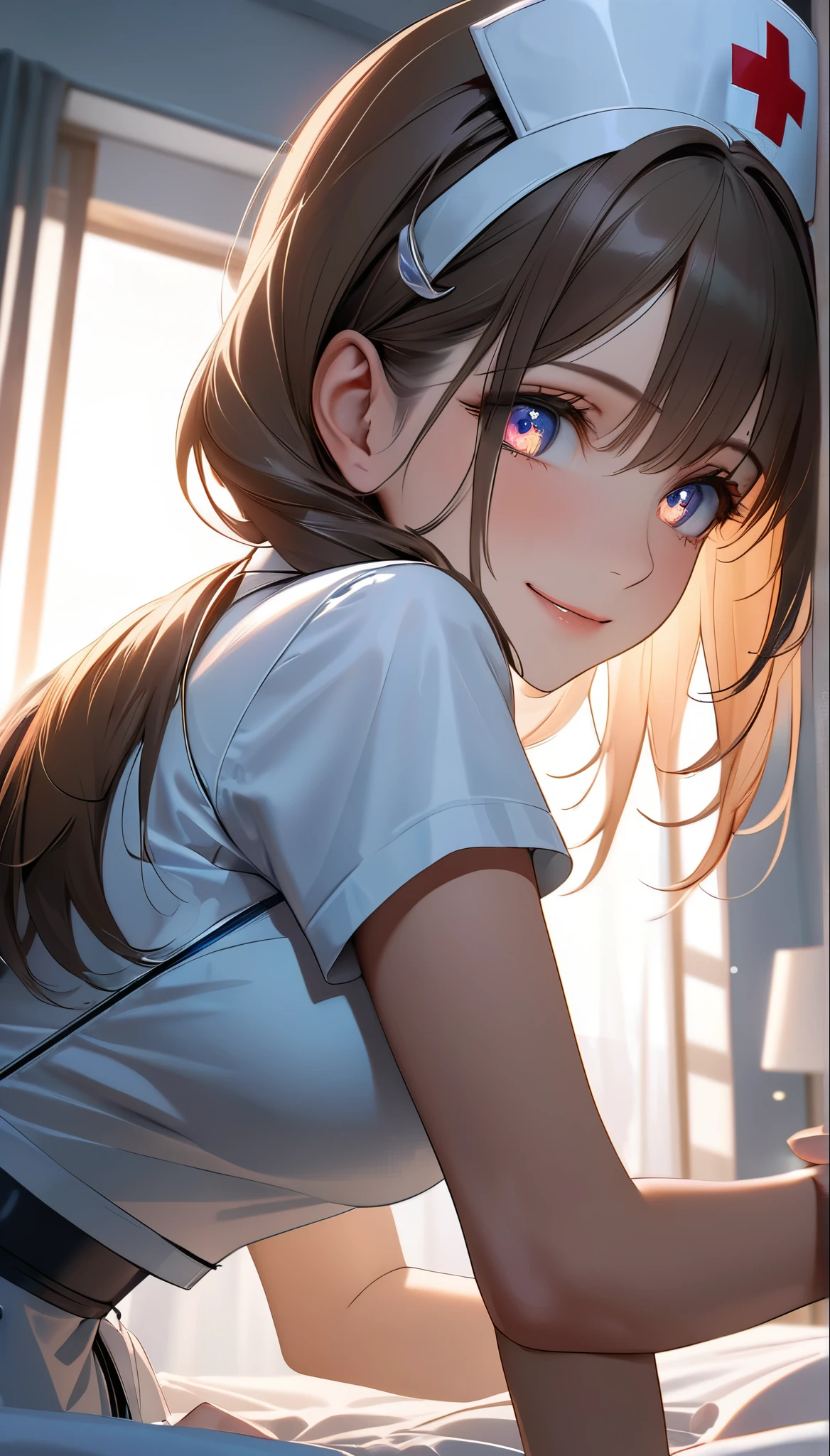 Anime nurse in uniform leaning on a bed with a red cross on it - SeaArt AI