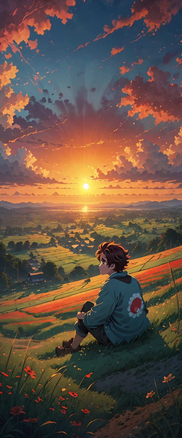 Boy sitting on a field of grass, watching a hellish sunset, sun - SeaArt AI