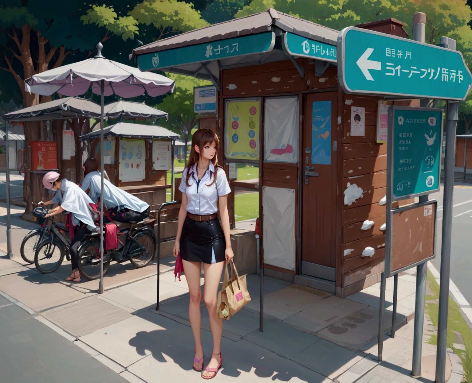 Realistic anime of beauty young woman, waiting bus at bus stop - SeaArt AI