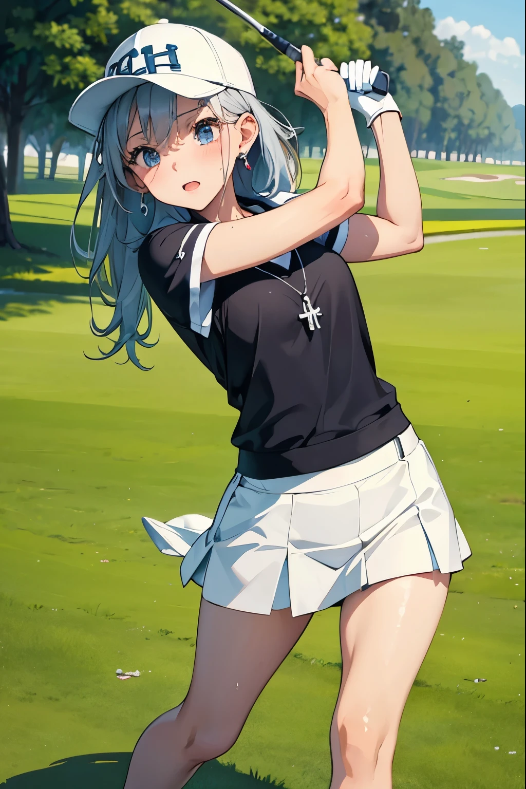 Anime girl in a black shirt and white skirt swinging a golf club ...