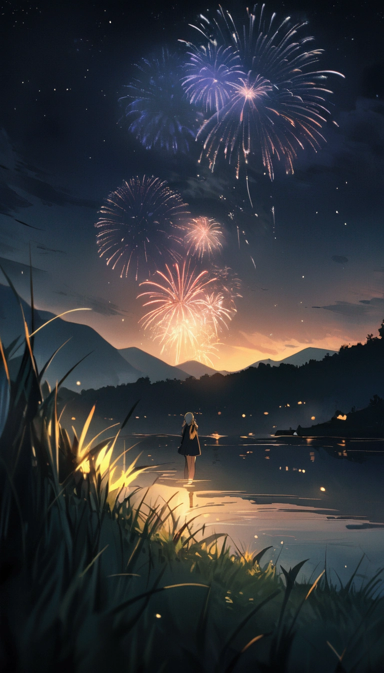 River, Beautiful fireworks at night, Green Grass, sad mood,space ...