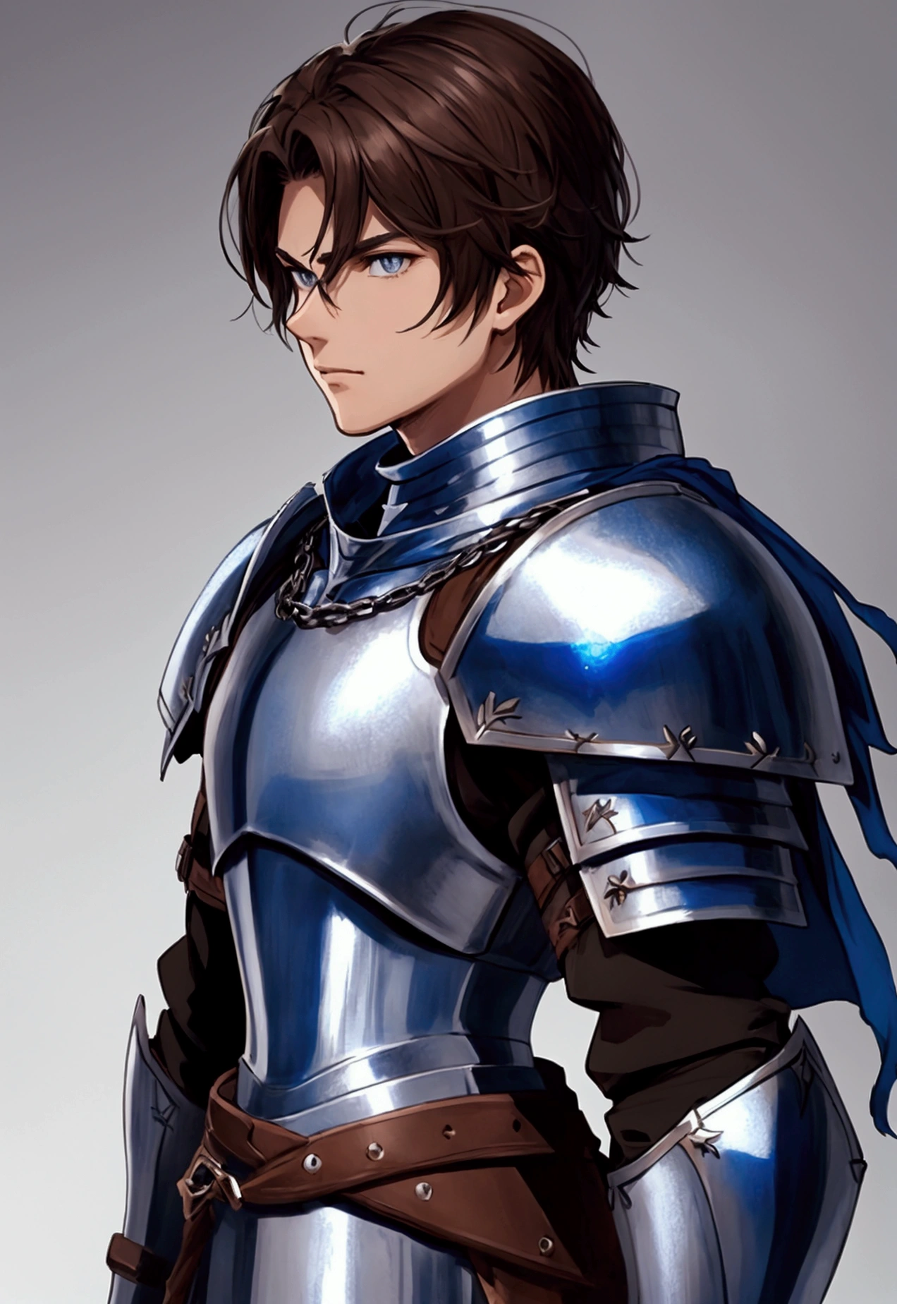 Full portrait, simple chain mail male knight, very short brown hair ...