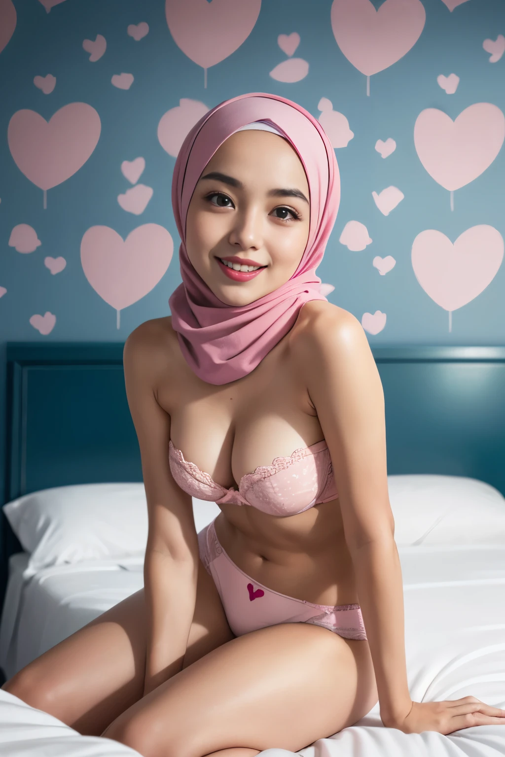 A close up of a woman in a pink hijab sitting on a bed - SeaArt AI